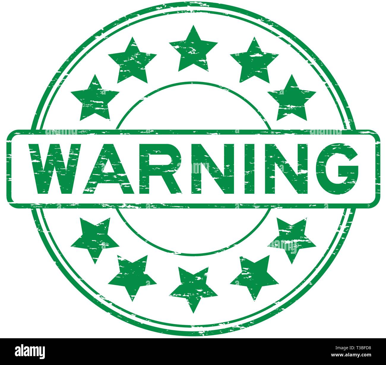 Grunge green waring text with star icon round rubber stamp on white ...
