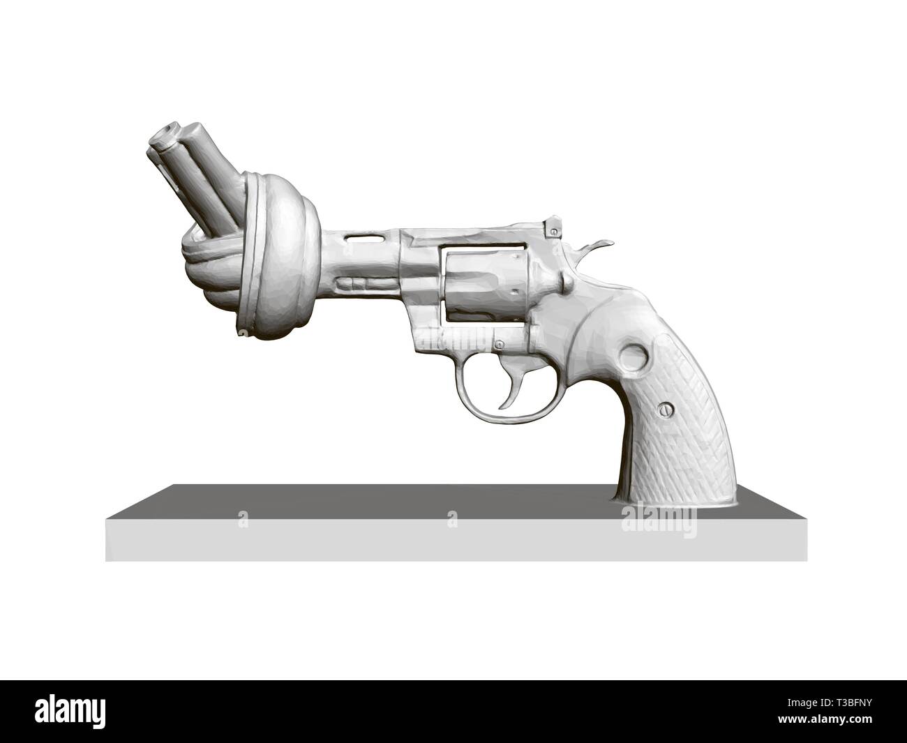 Statue of revolver with twisted barrel, No to violence. 3D. Polygonal ...