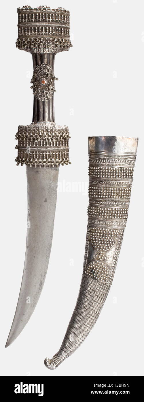 A fine silver-mounted Kurdish khanjar, 19th century Double-edged wootz ...