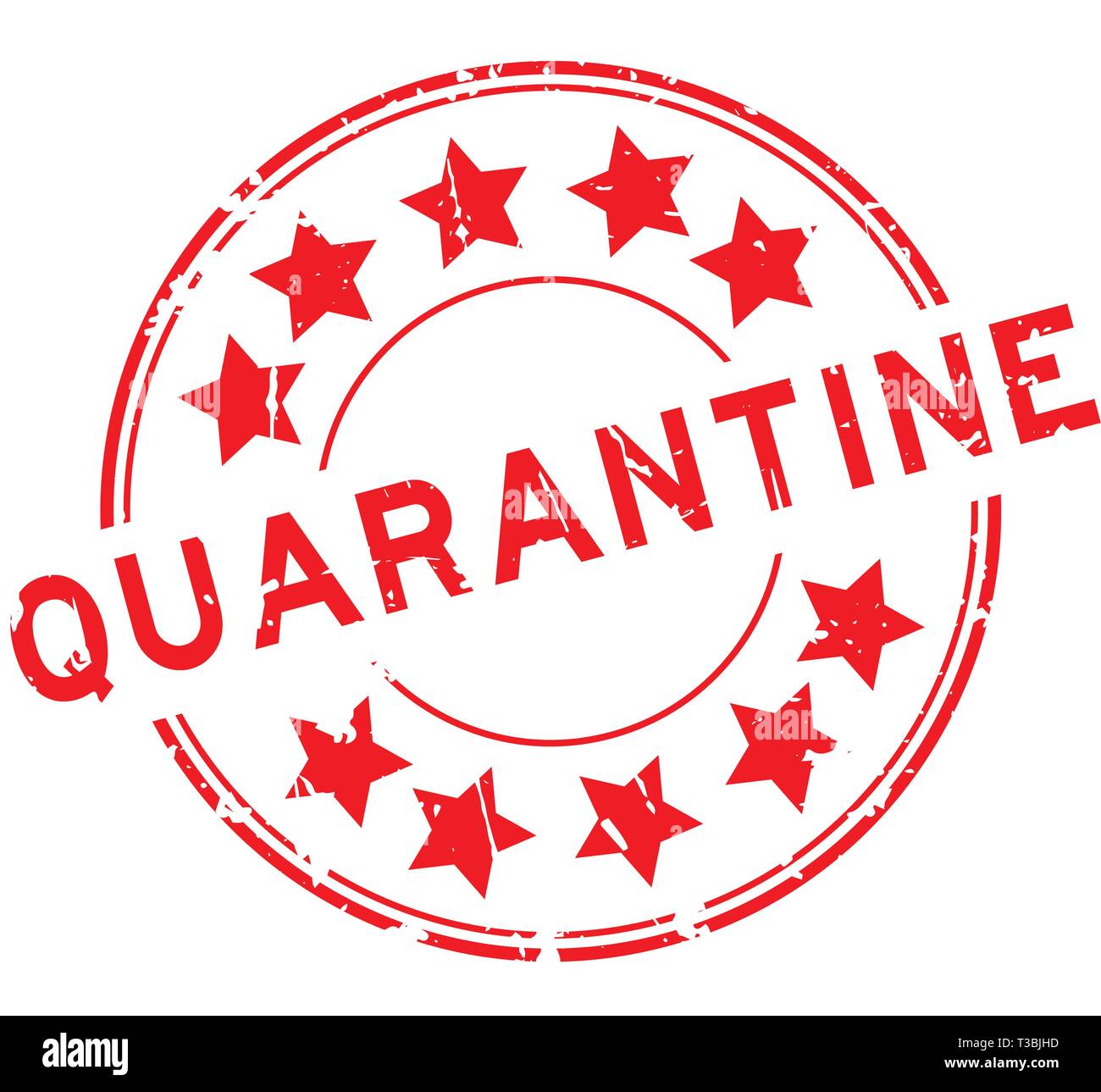 Grunge red quarantine with star icon round rubber seal stamp on white ...