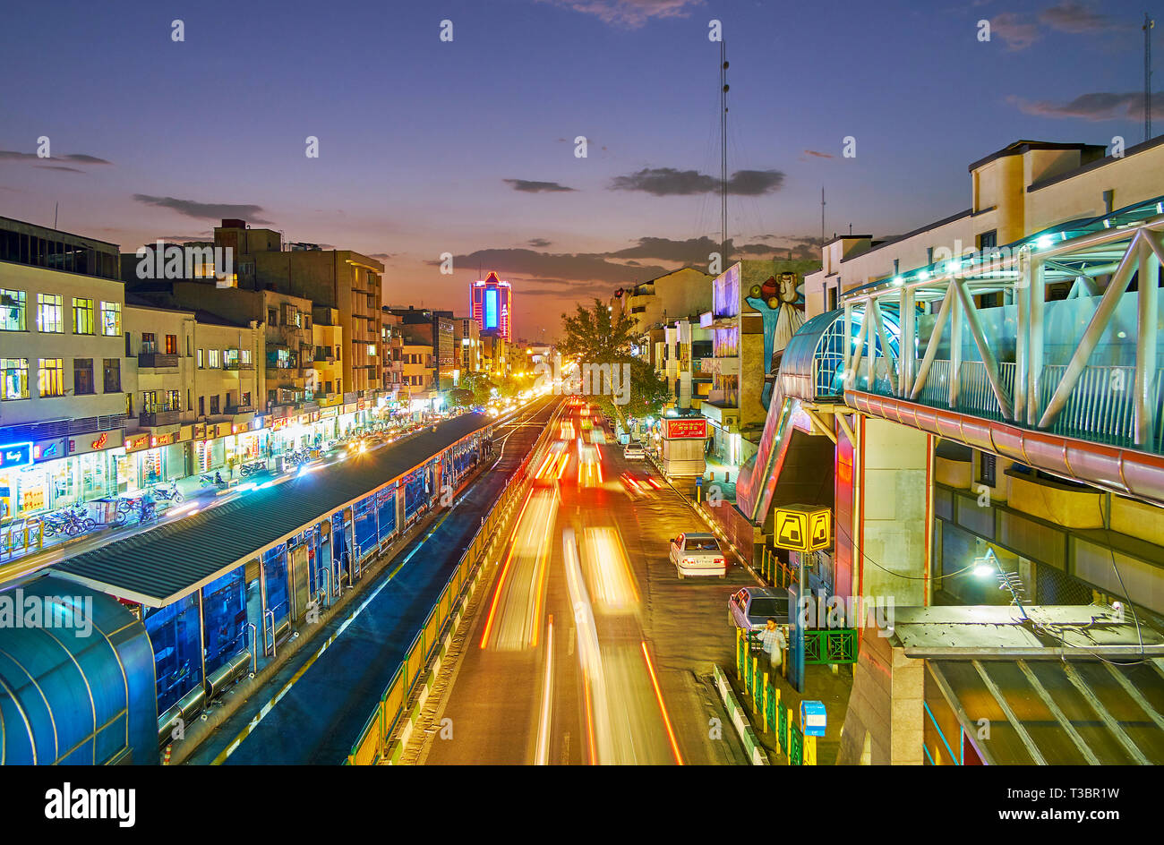 TEHRAN, IRAN - OCTOBER 10, 2017: The view on the evening Engelab street ...