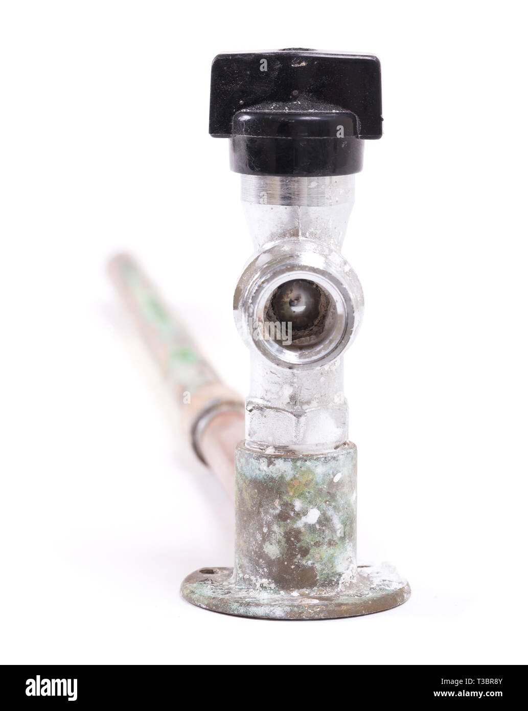 Old brass pipe with metal valve, isolated on a white background Stock ...