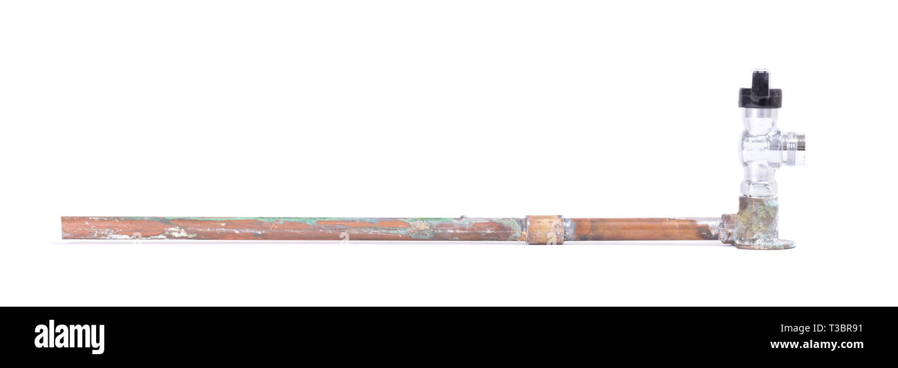 Old brass pipe with metal valve, isolated on a white background Stock ...