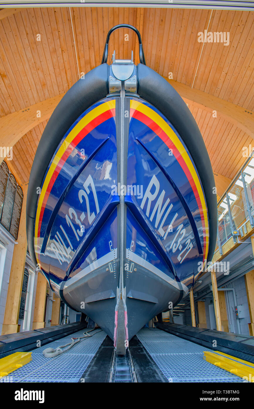 A low down view up to Swanage Lifeboat 13-27, ready for action Stock ...