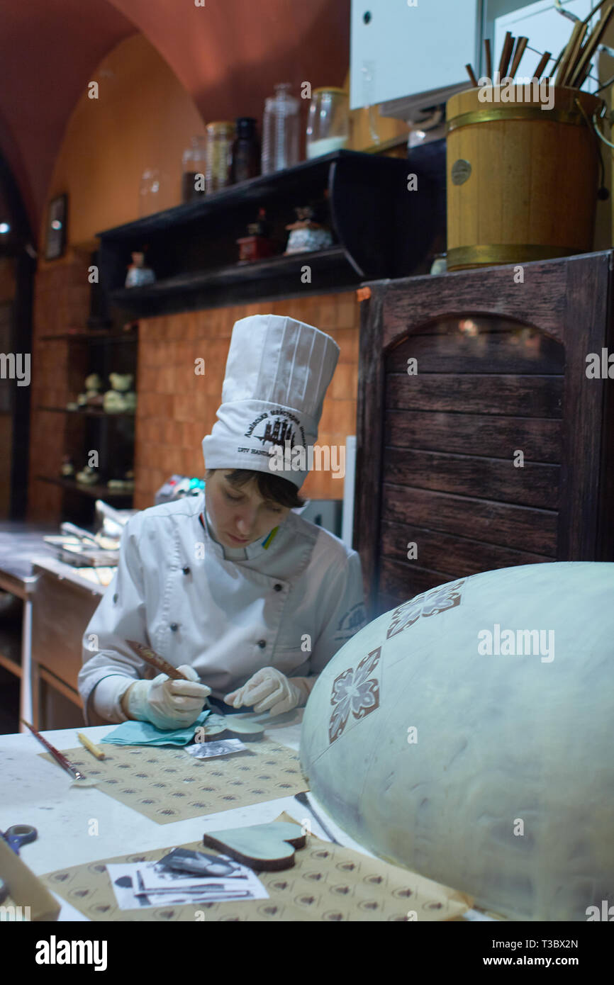 Lviv, Ukraine. 13 March 2016. Person working inside of the Lviv ...
