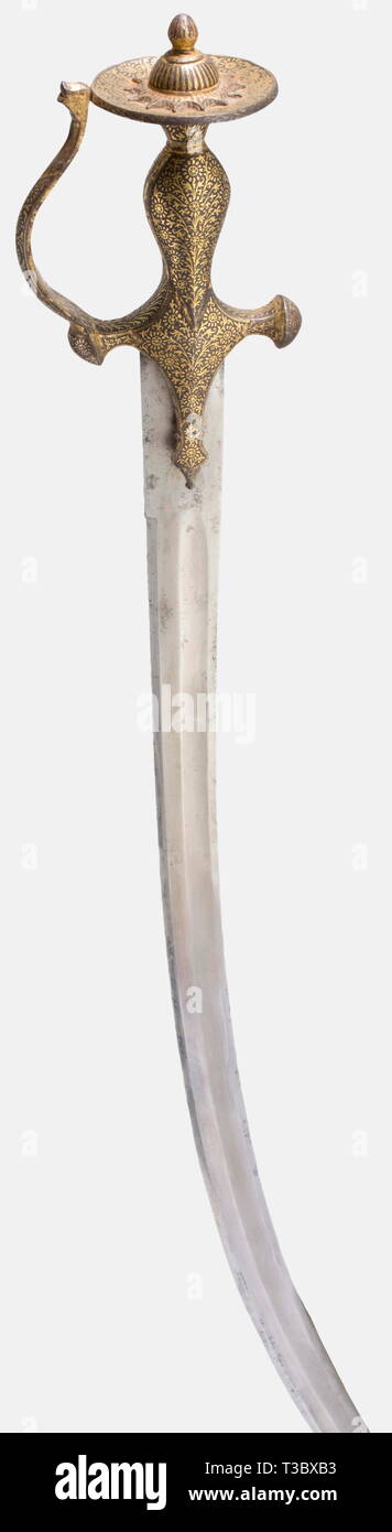 A gold-inlaid Indian tulwar, 19th century Heavy single-edged wootz ...