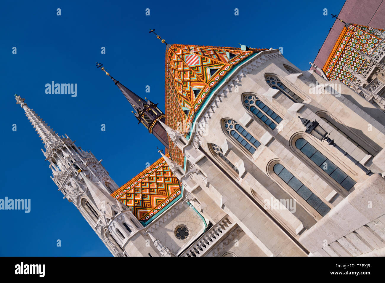 Hungary, Budapest, Matthias Church, Detail of the colourful majolica ...