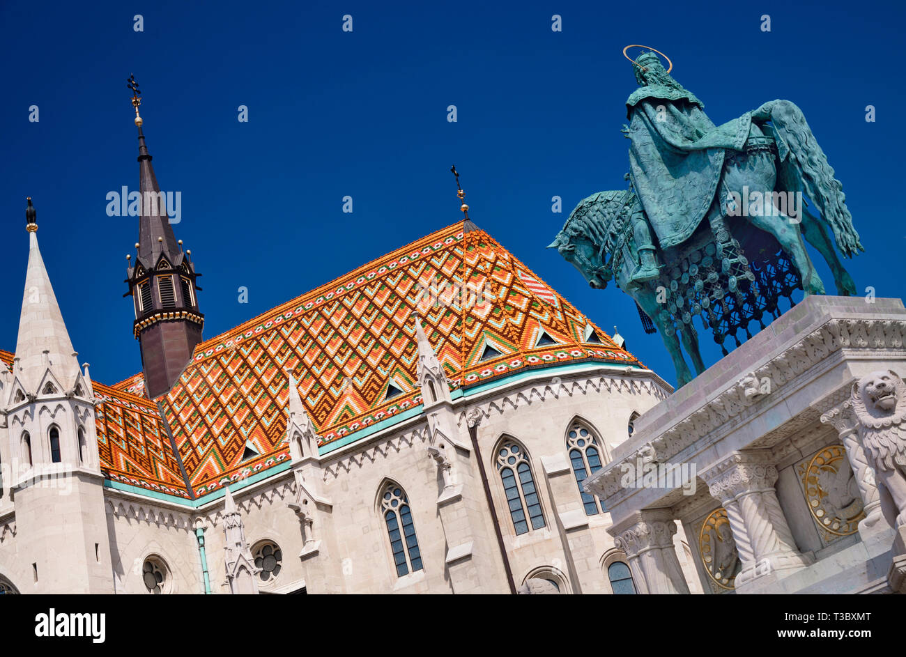 Hungary, Budapest, Matthias Church, Detail of the colourful majolica ...
