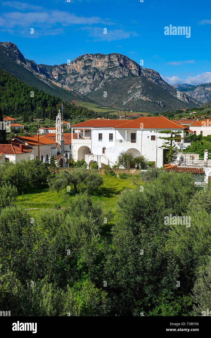 The town of Leonidio and the surrounding cliffs in spring, springtime ...