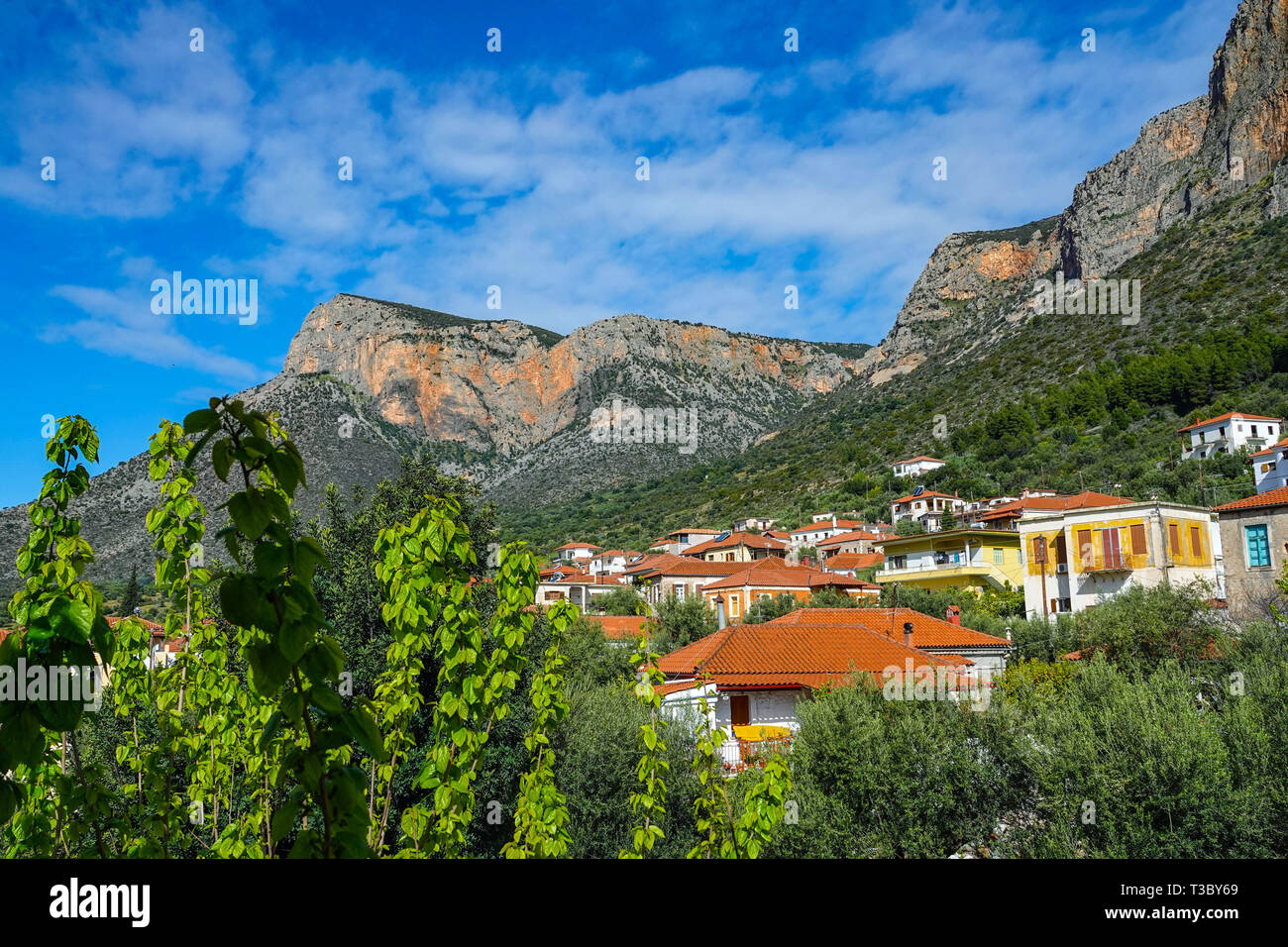The town of Leonidio and the surrounding cliffs in spring, springtime ...