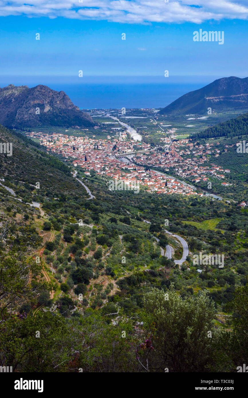 The town of Leonidio and the surrounding cliffs in spring, springtime ...