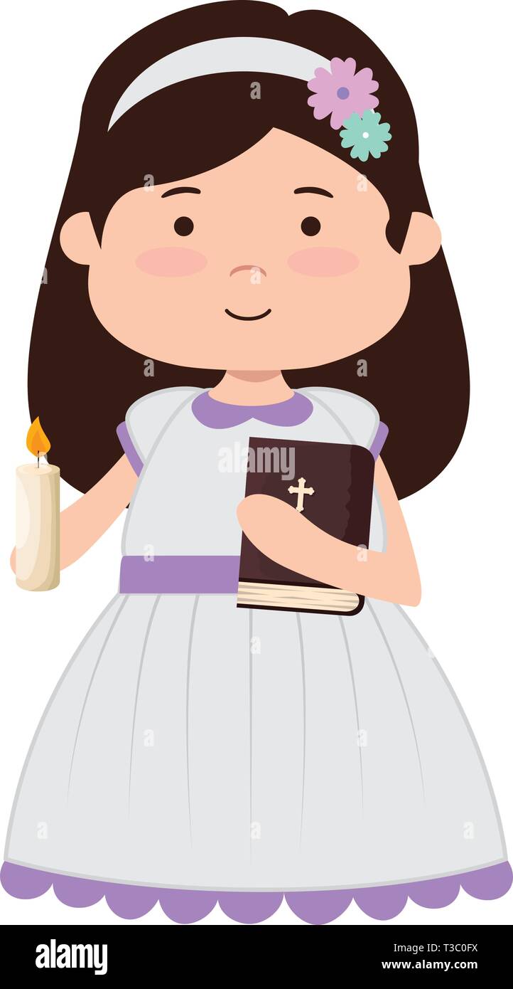 little girl with holy bible first communion character Stock Vector ...