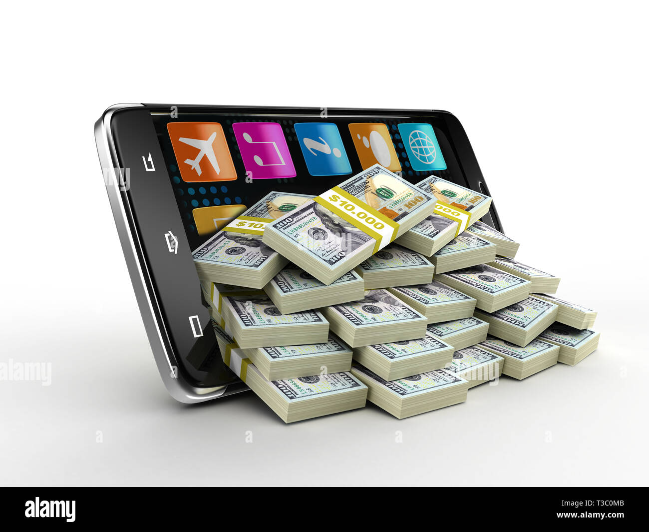 Touchscreen smartphone with pile of dollars. Image with clipping path ...