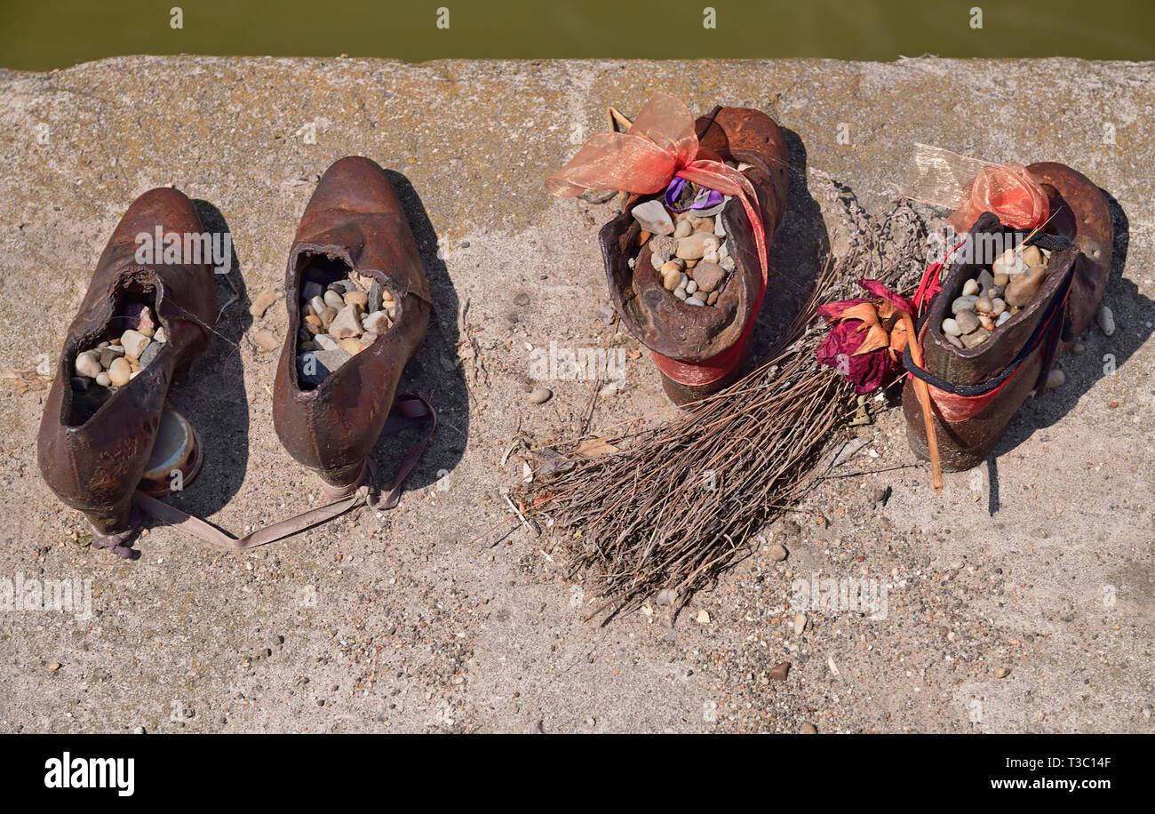 Hungary, Budapest, Shoes on the Danube Bank memorial in memory of those ...