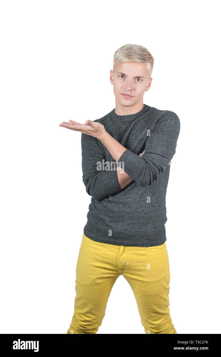 Man in gray pointing with his fingers Stock Photo - Alamy