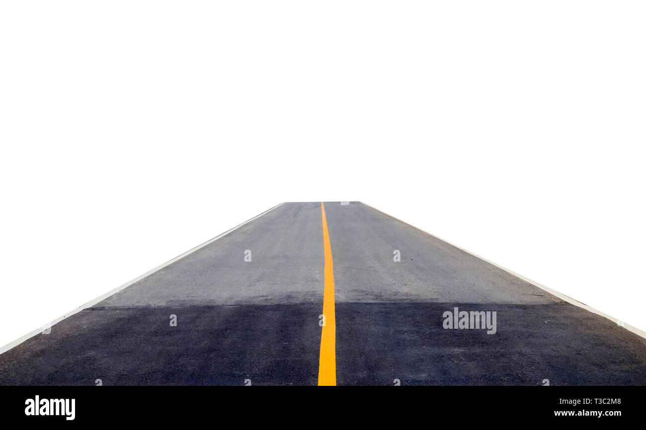 Asphalt road yellow line center,on white background Stock Photo - Alamy