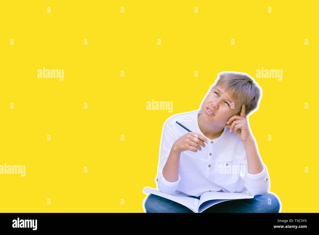 Collage in magazine style. Child learning, thinking over yellow ...