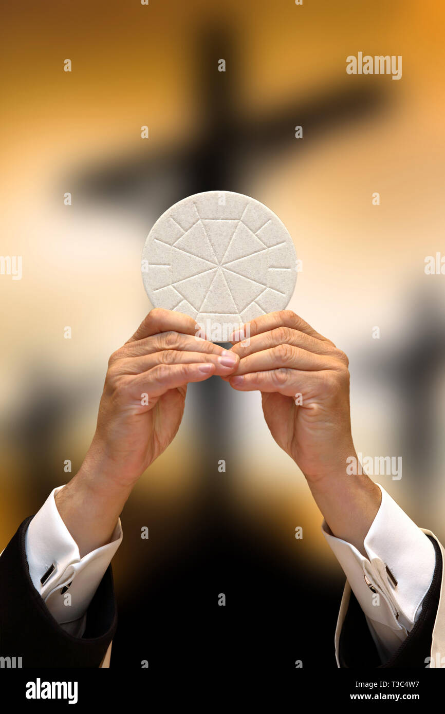 Holy communion on the background of three crosses on top of Golgotha ...