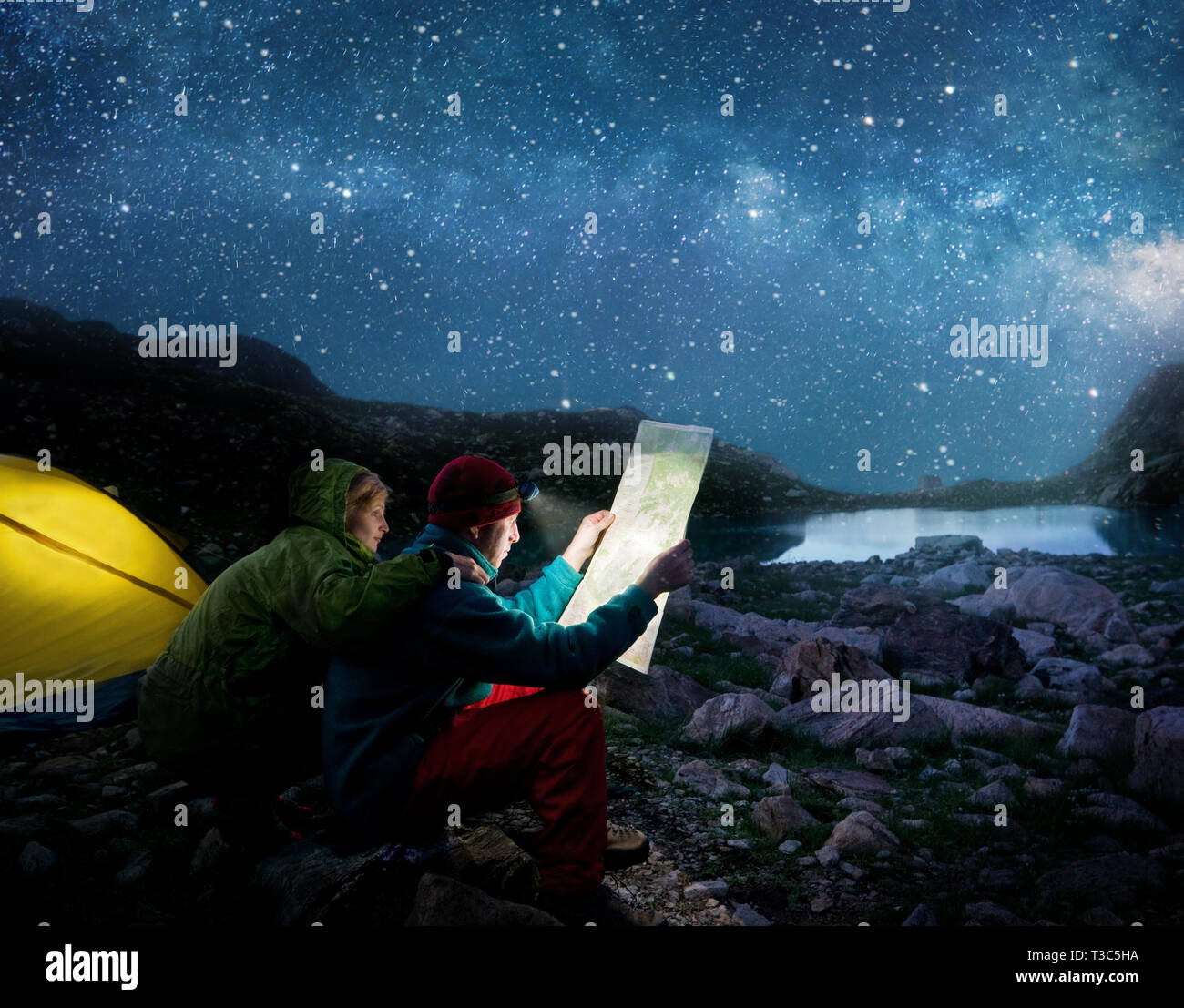couple tent camping in the wilderness in night stars Stock Photo - Alamy