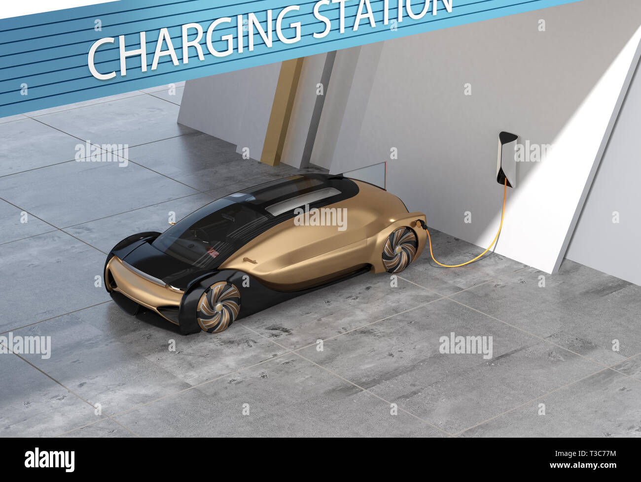 Autonomous electric car charging in charging station. 3D rendering ...