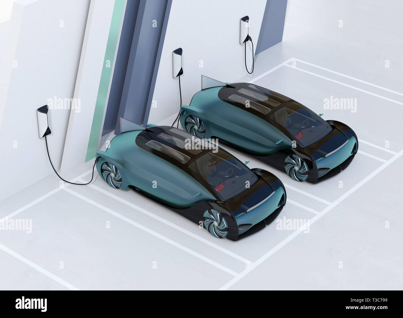 Autonomous electric cars charging in charging station. 3D rendering ...
