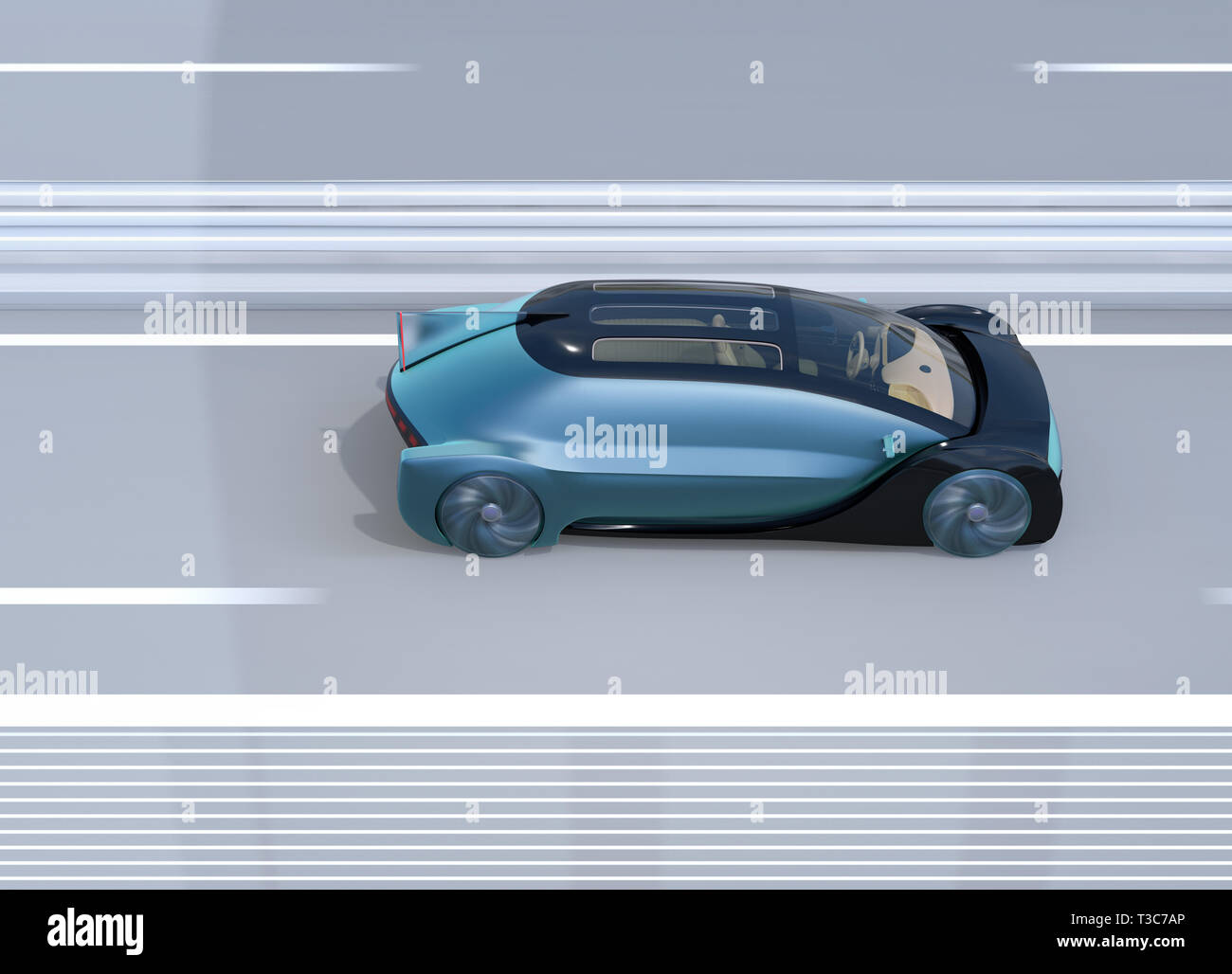 Metallic green autonomous electric car driving on highway. 3D rendering ...