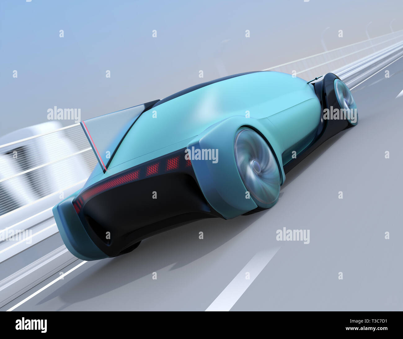 Metallic green autonomous electric car driving on highway. 3D rendering ...