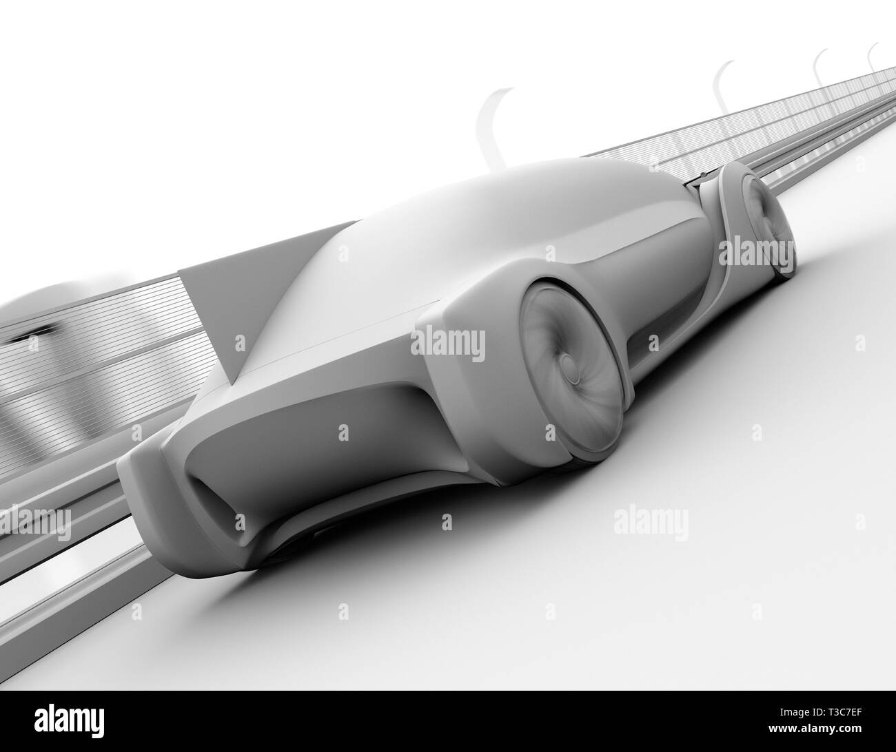 Clay rendering of autonomous electric car driving on highway. 3D ...