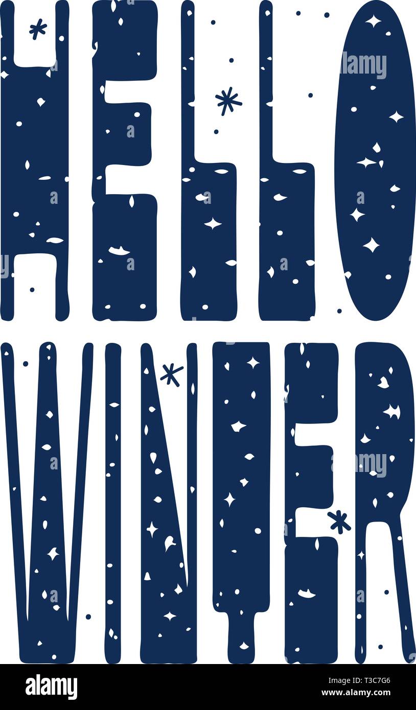 Hello winter. Blue inscription on a white background. Hand drawing ...