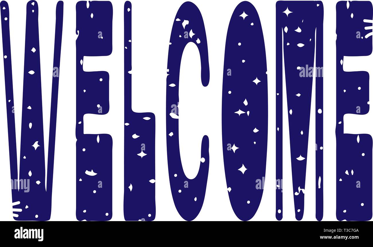 Welcome. Blue inscription on a white background. Hand drawing, isolate ...