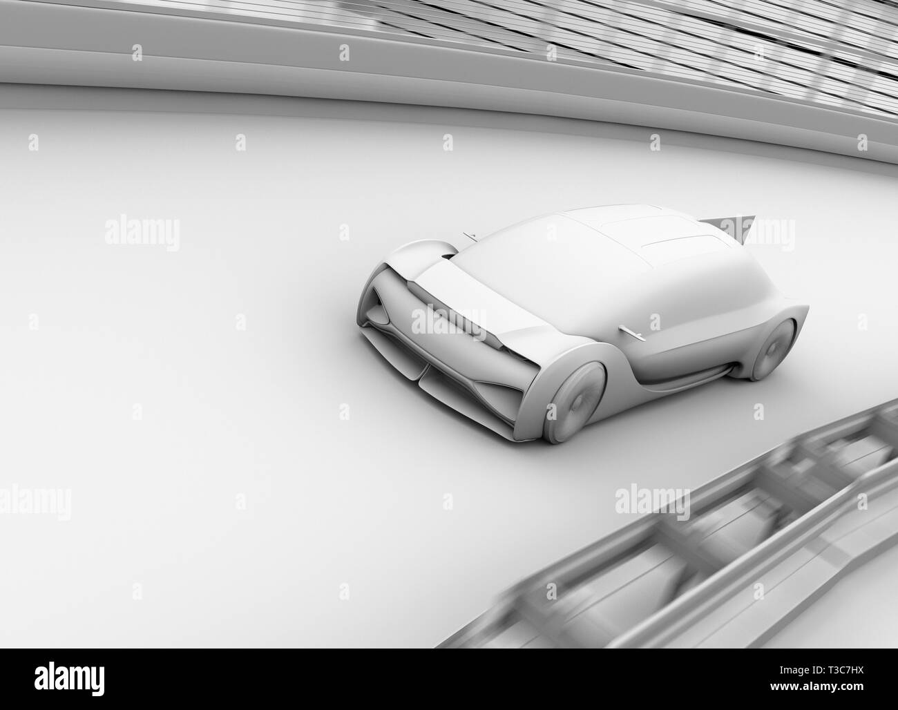 Clay rendering of autonomous electric car driving on highway. 3D ...