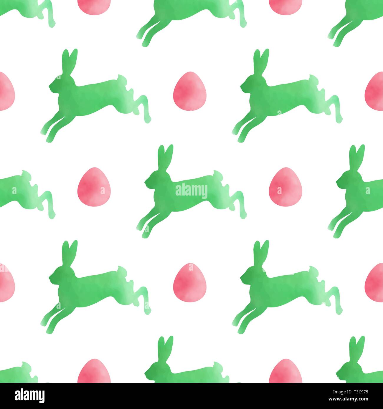 Watercolor Easter seamless pattern with rabbits and eggs on a white ...
