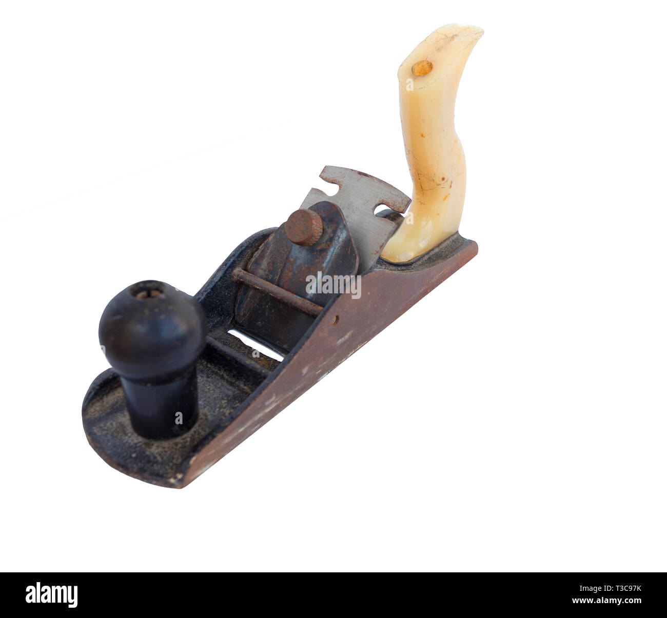 Old carpenter's tool planes with plastic yellow back handle, isolated ...