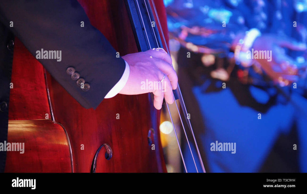 A jazz concert in the concert hall. A man in costume playing cello ...