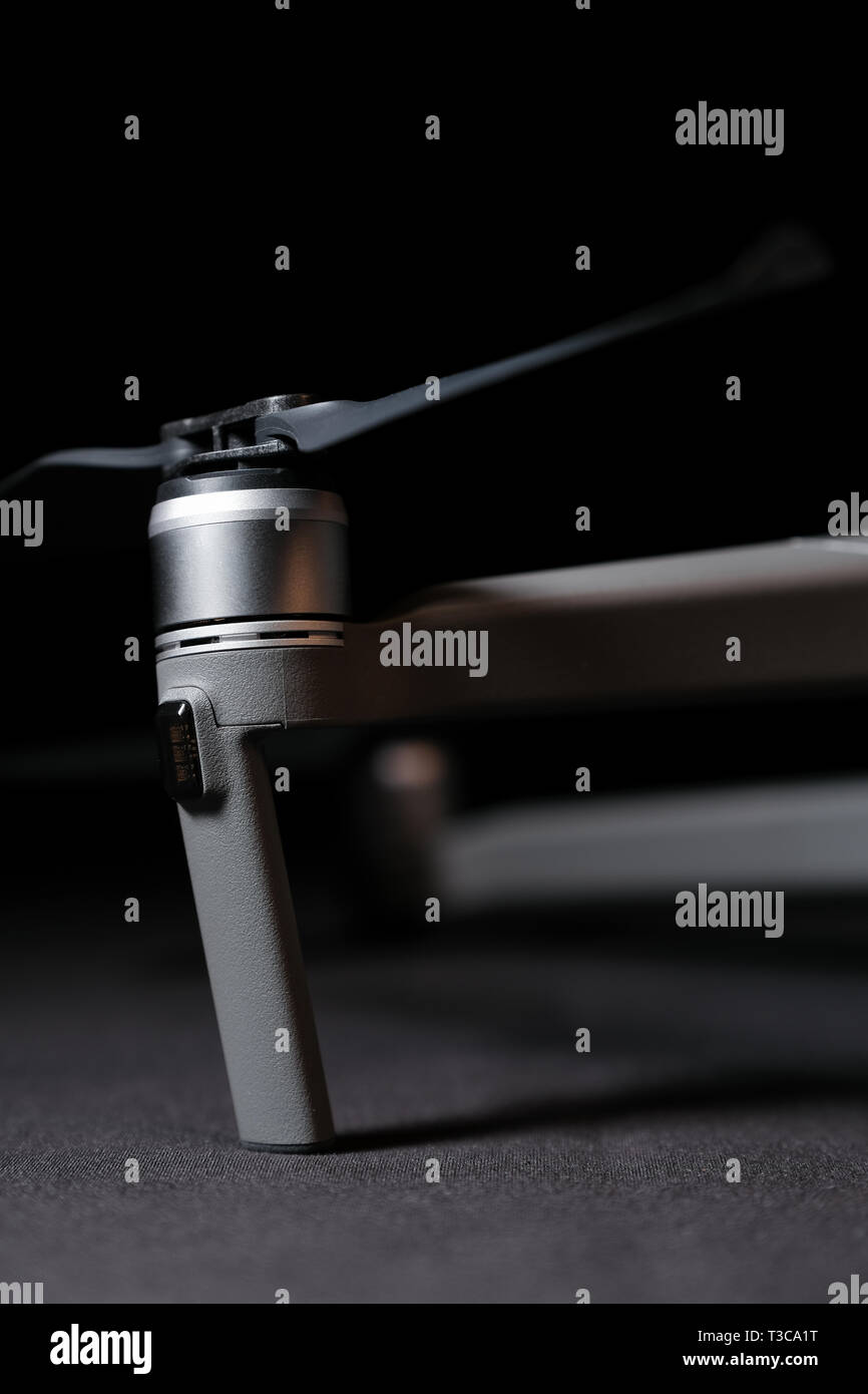 Close-up of the brushless motor and propeller section of a DJI Mavic 2 ...