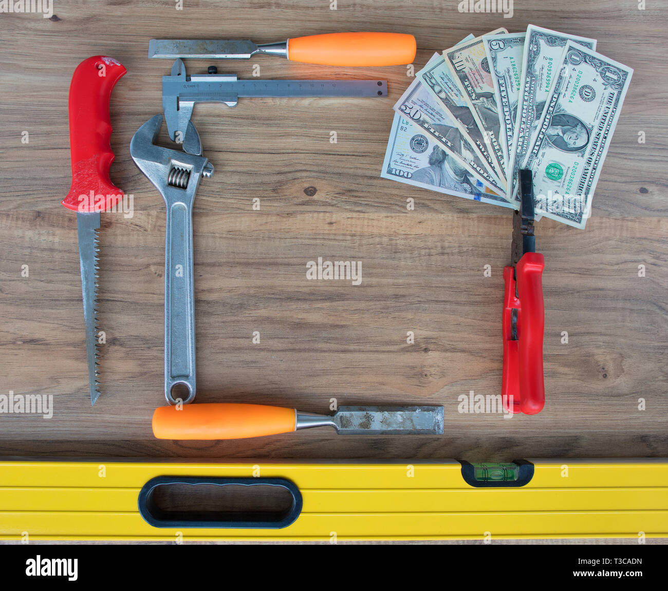 Old construction tools adjustable spanner, chisel, nippers, level, tape ...