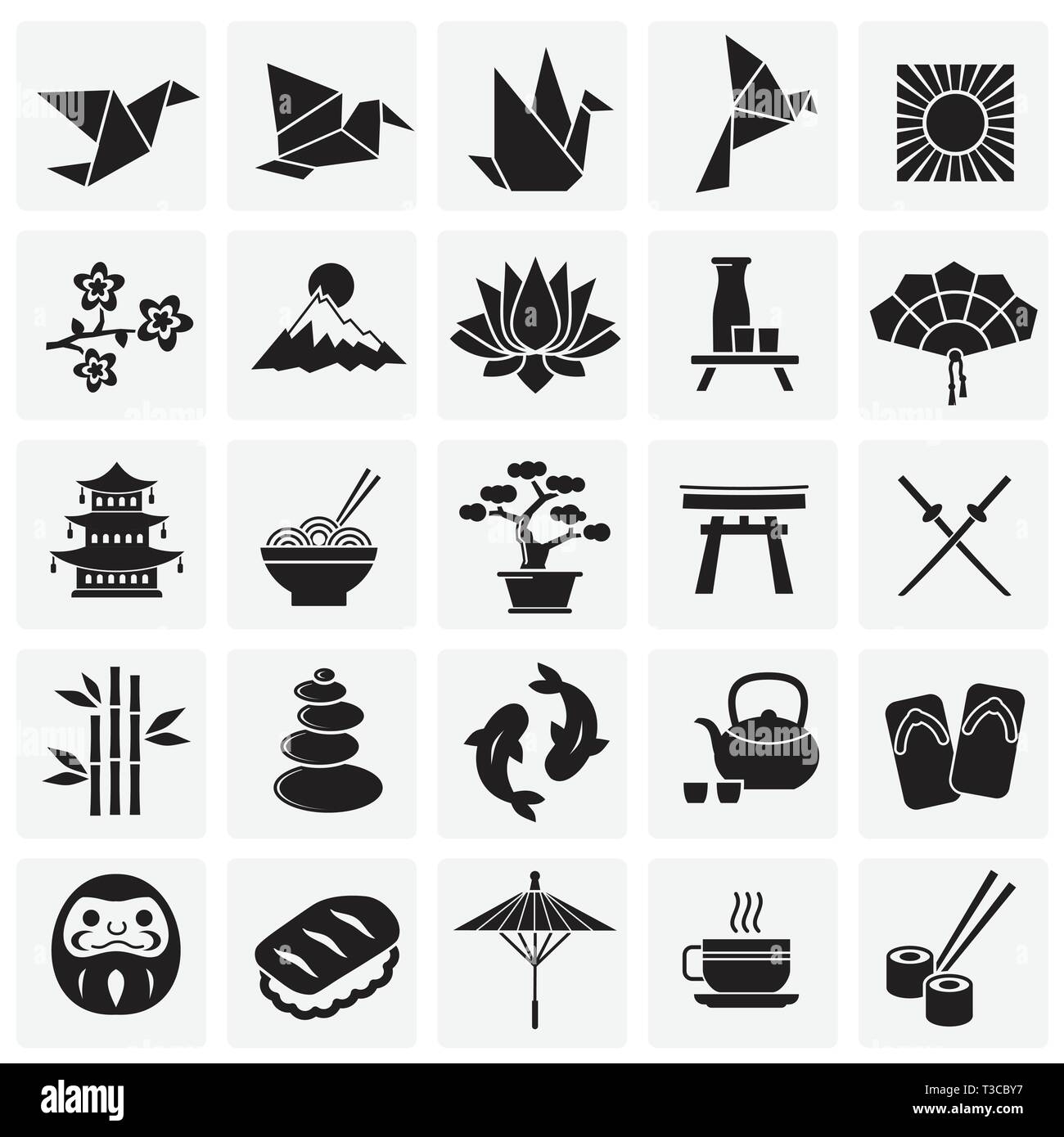 Japan related icons set on squares background for graphic and web ...