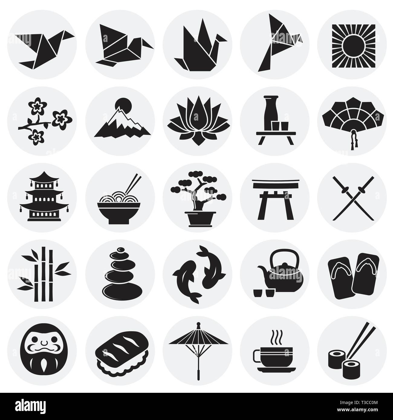 Japan related icons set on circles background for graphic and web design. Simple vector sign ...