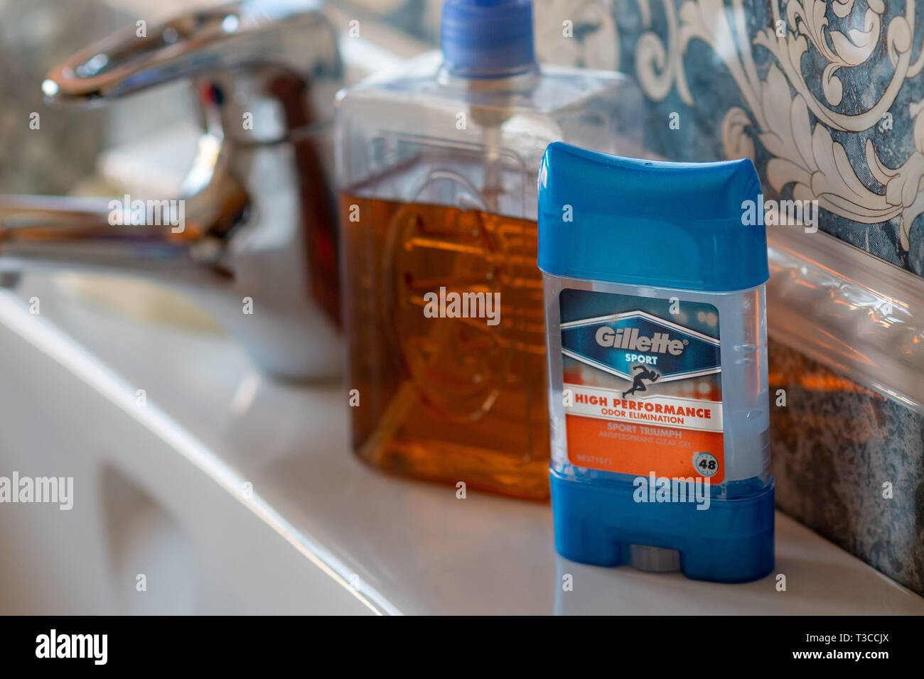 MADRID, SPAIN - APRIL 8, 2019: GILLETTE deodorant in a bathroom ...