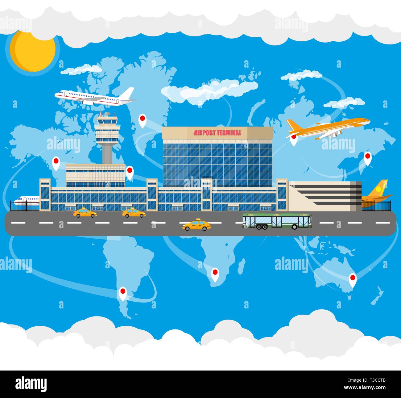 International airport concept. World map in clouds, sun. Airport ...