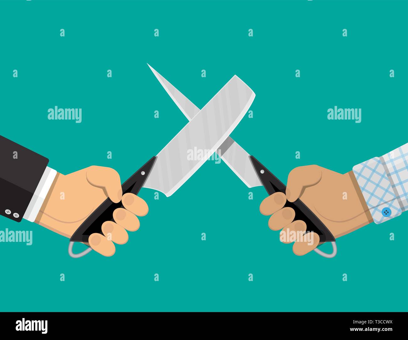 Businessmen hands with knives. Conflict, rivalry, competition, struggle ...