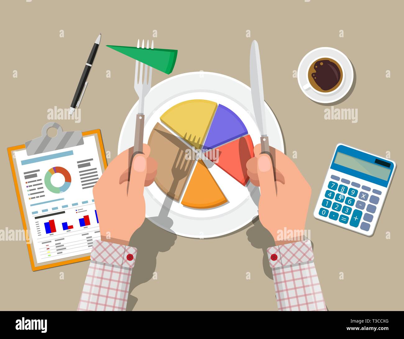 Businessman hands with knife and fork cut chart pie peace. Clipboard ...