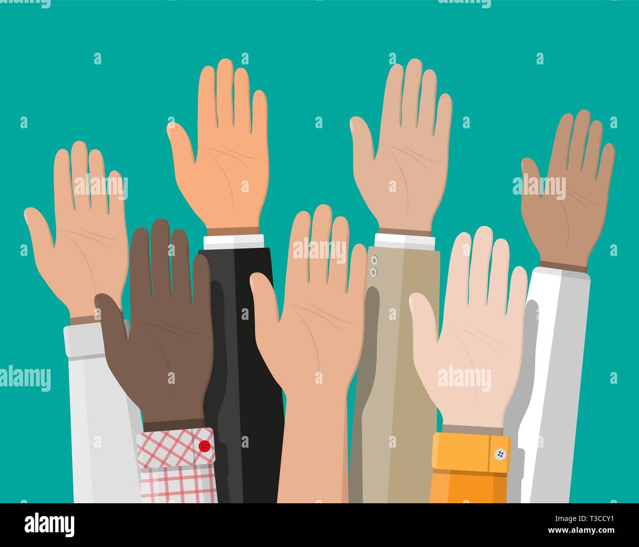 Raised up hands. People vote hands. Volunteering and election concept ...