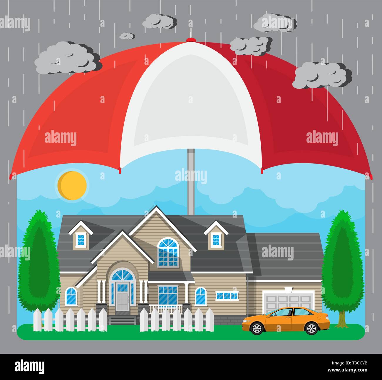 House and car protection concept. Umbrella over house with car, fence ...