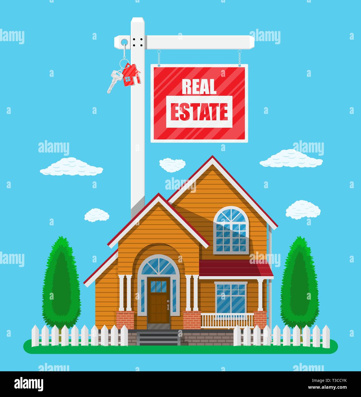 Real estate placard sign with key. Private suburban house, trees, sky ...