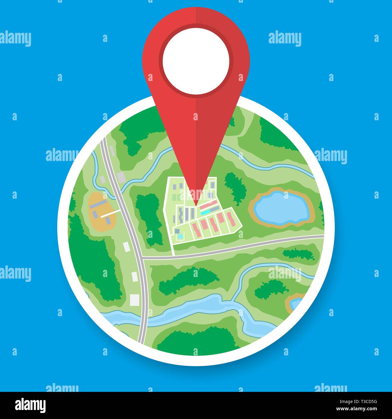 Abstract circle generic city or suburb map with roads, buildings, parks ...