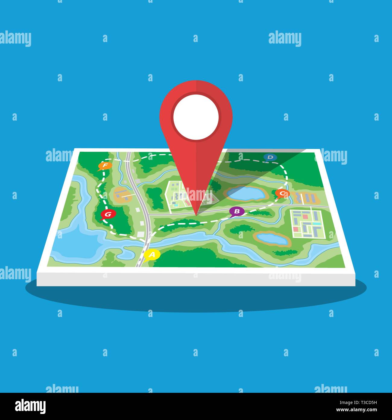 Abstract generic city or suburb map with roads, buildings, parks, river ...