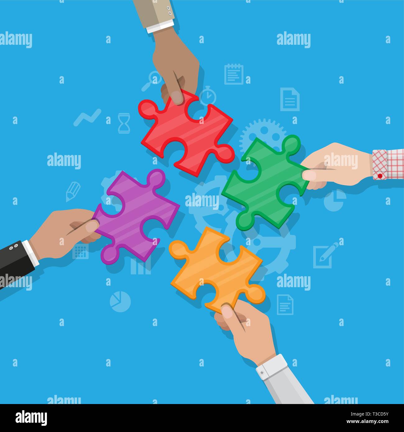 Hands putting puzzle pieces together. Teamwork and cooperation concept ...