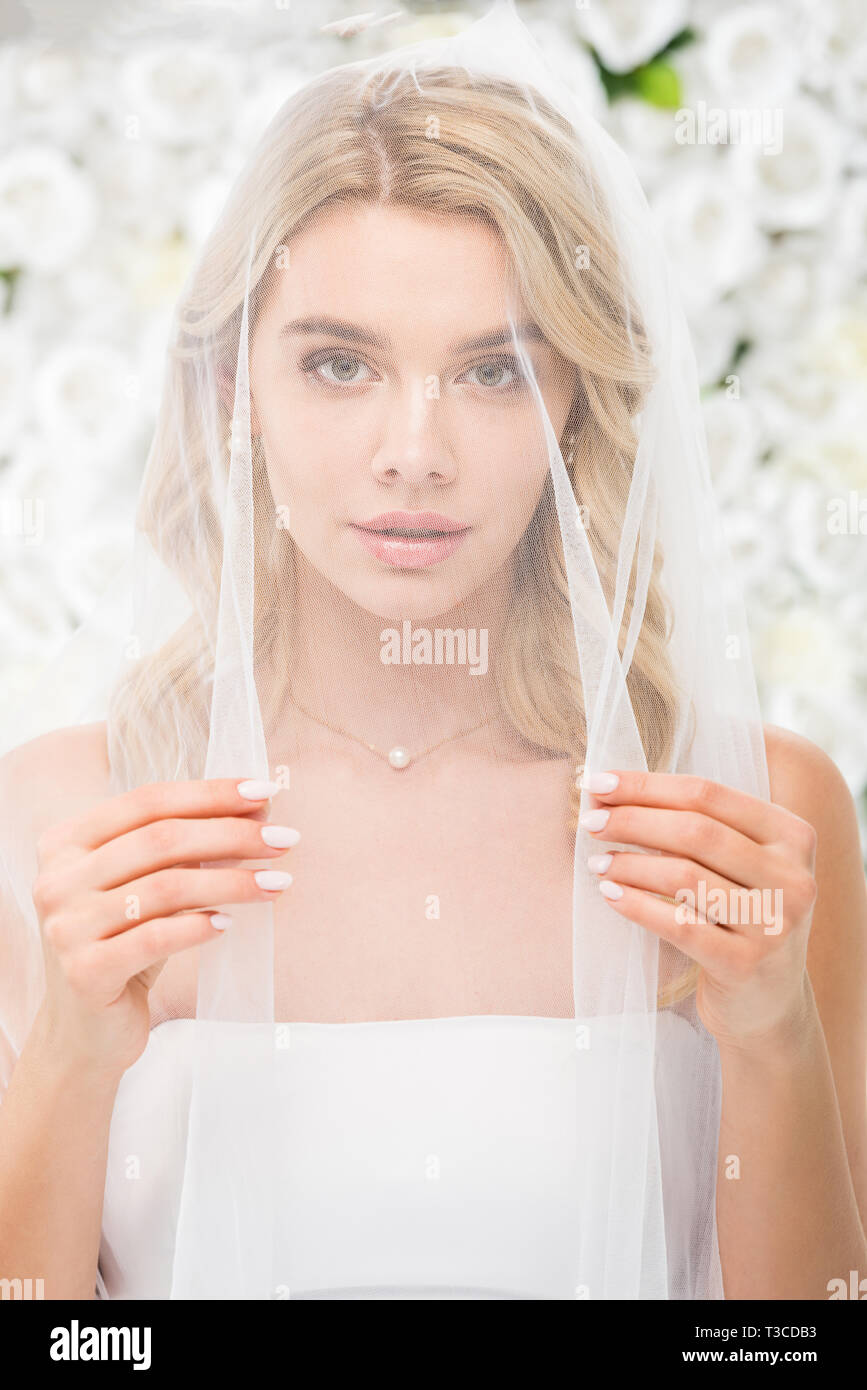 beautiful young woman with face covered with transparent bridal veil ...