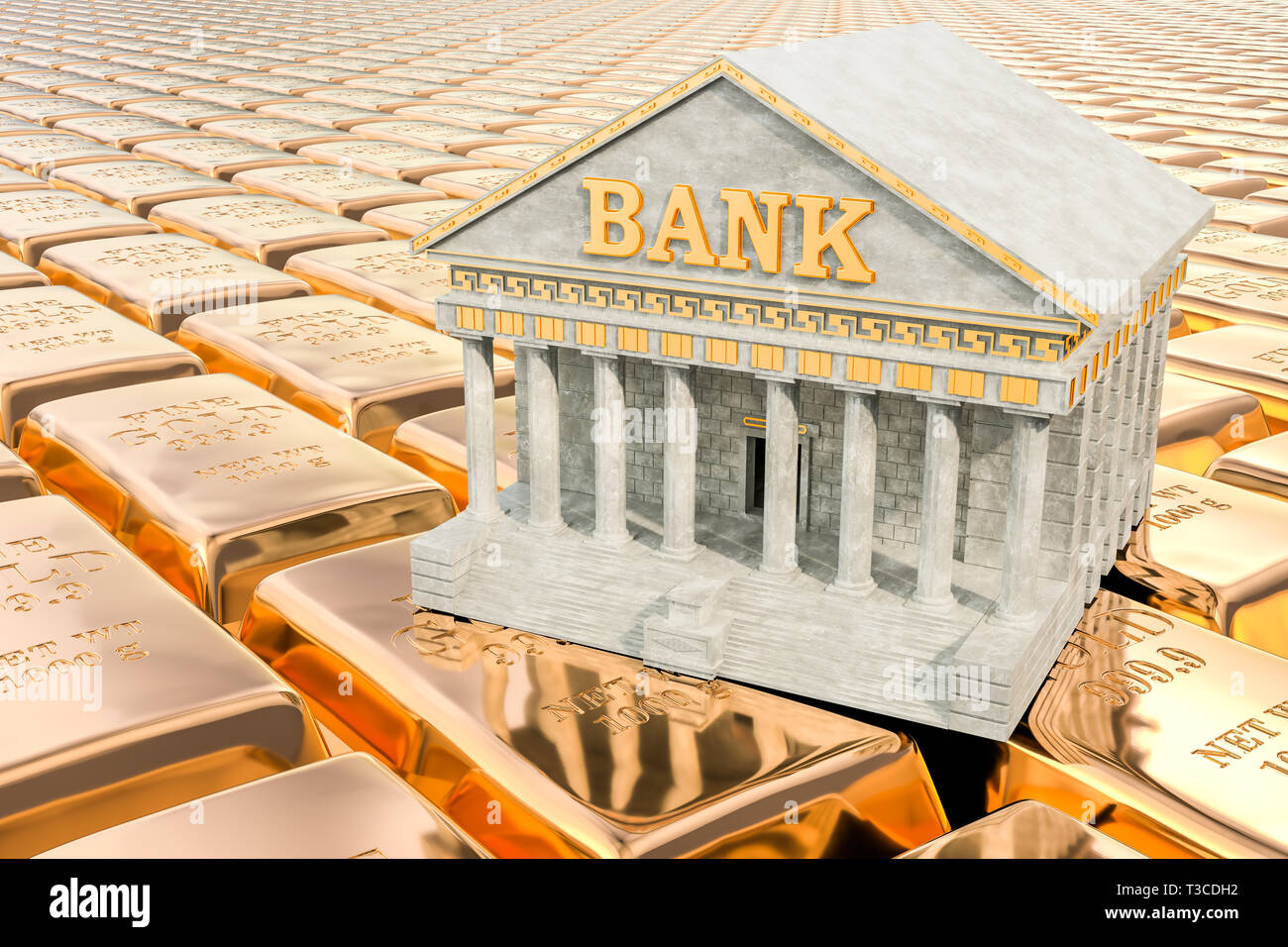 Bank building on the backdrop from golden ingots, 3D rendering Stock ...